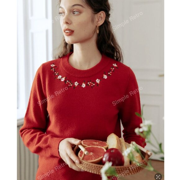 Simple Retro | Sweaters | Simple Retro Red Floral Embroidery Round Neck ...